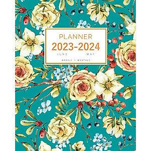 Planner 2023-2024: 8x10 Weekly and Monthly Organizer Large from June 2023 to May 2024 | Vintage Rose Wildflower Berry Design Teal