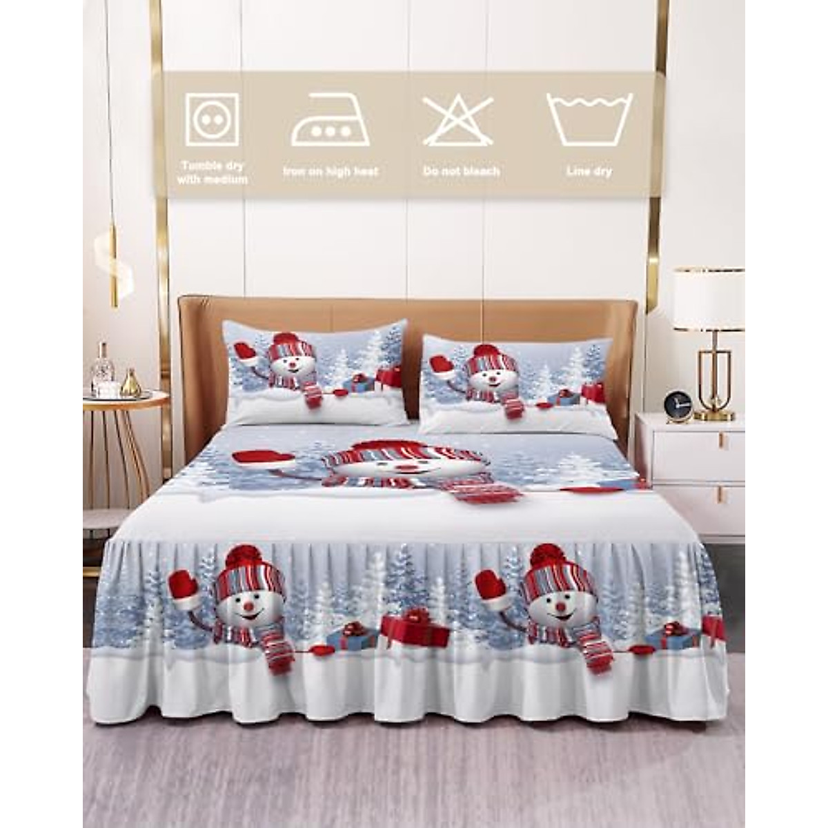 AMZRicher Winter Snowman Wrap Around Pleated Bed Skirts for Twin XL Bed 39x80, Decorative Dust Ruffle Bed Sheet & Bedskirt 18'' Drop Bedspread with Pillow Case 20x30 Christmas Forest Snowy Tree