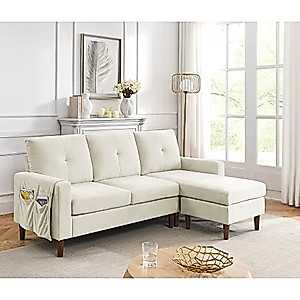 MOEO 3 Seat Sofa with Removable Ottoman and Cushions, L-Shape Chenille Convertible Couch w/Pocket & Rubber Wood Legs, Perfect for Living Room, Aapartment, Small Space, 80", Beige