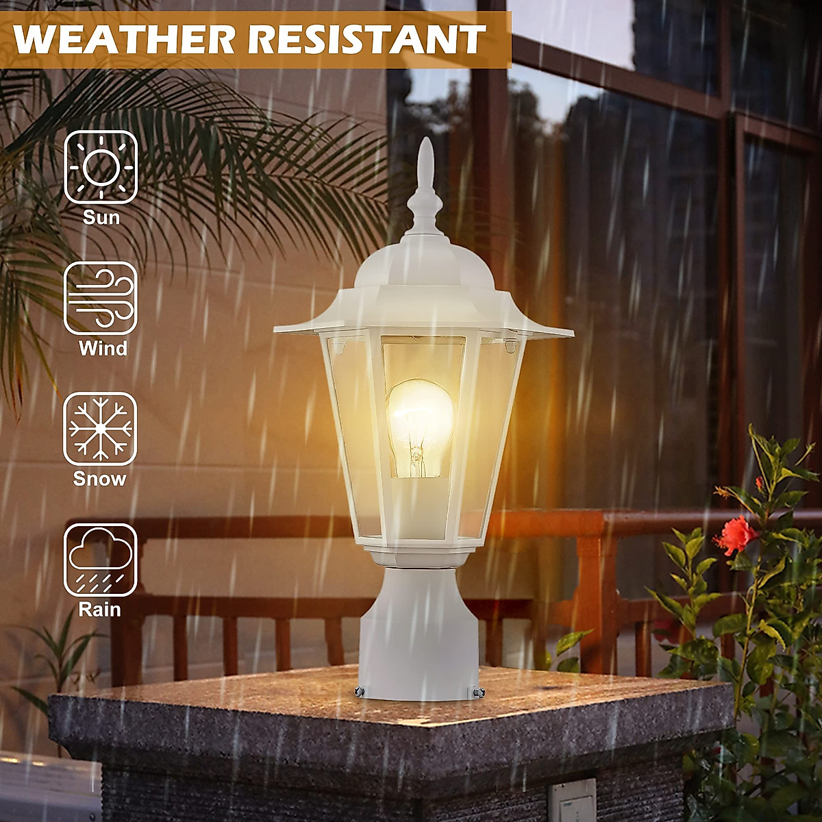 Outdoor Post Lights, Lamp Post Light Fixture with E26 Socket, White Exterior Post Lantern with Clear Glass Shade, Pillar Outside Lighting for Walkway, Driveway, Carriage, Anti-Rust & Waterproof