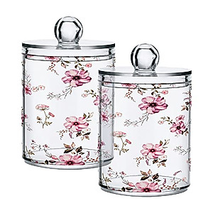 Kigai 2PCS Pink Flowers Qtip Holder Dispenser with Lids - 14 oz Bathroom Storage Organizer Set, Clear Apothecary Jars Food Storage Containers, for Tea, Coffee, Cotton Ball, Floss