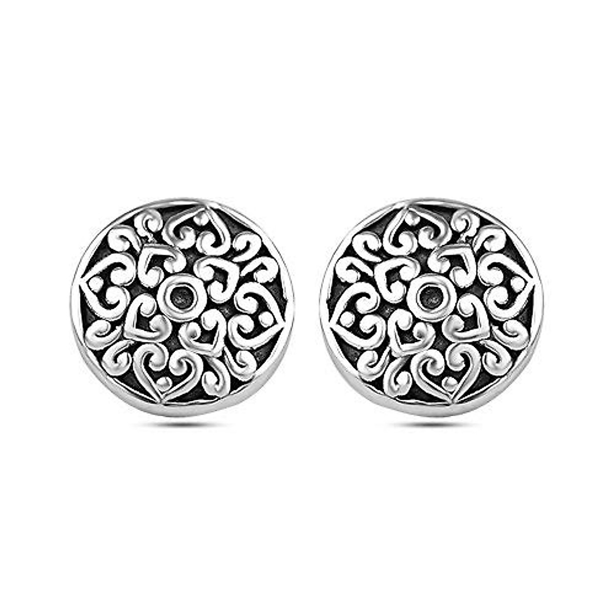 LeCalla Sterling Silver Jewelry Filigree Stud Earrings Lightweight Antique Round Filigree Cut Chunky Stud Earring for Women - 14mm