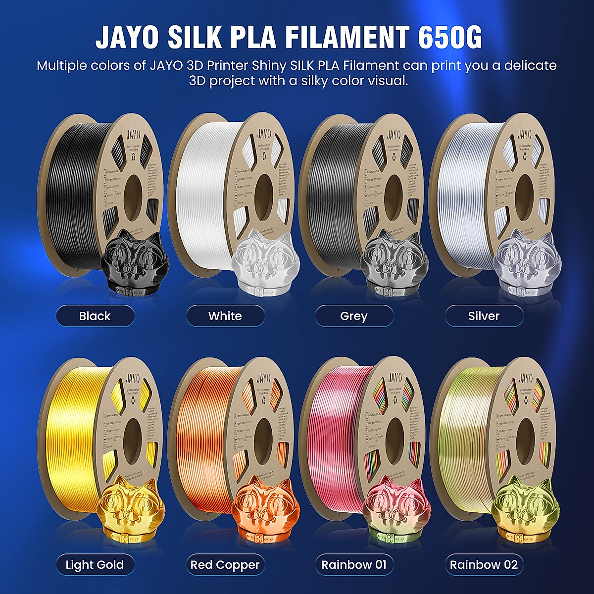 Silk Shiny PLA 3D Printer Filament 1.75mm, JAYO Silk PLA 0.65kg Spool 3D Printing Material, Silky Shine Surface, Neatly Wound Filament, Fits for Most FDM 3D Printers, Light Gold 650g
