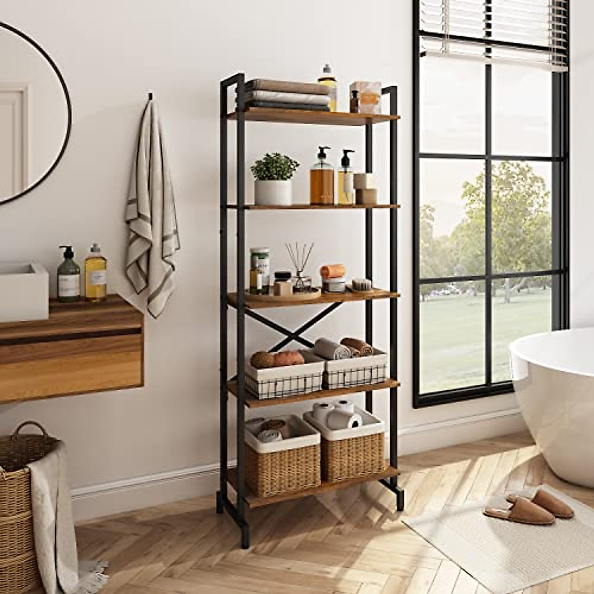 Hoctieon 5 Tier Bookshelf, Tall Bookcase Shelf Storage Organizer, Vintage Wood Open Shelves, Utility Organizer Shelves for Home Office, Living Room, Bedroom, Kitchen, Bathroom, Rustic Brown