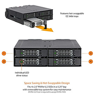 ICY DOCK 4 Bay 2.5 NVMe U.2/U.3 SSD PCIe 4.0 Rugged Mobile Rack Enclosure for 5.25" Bay (4 x Mini-SAS HD) | ToughArmor MB699VP-B
