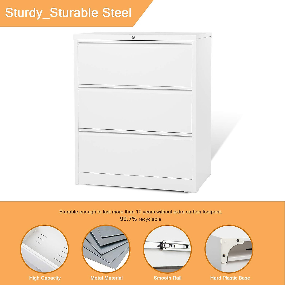 Aobabo Heavy Duty Steel 3 Drawer Anti Tilt Locking Lateral File Cabinet with 2 Keys for Office and Home Letter and Legal Size File Storage, White