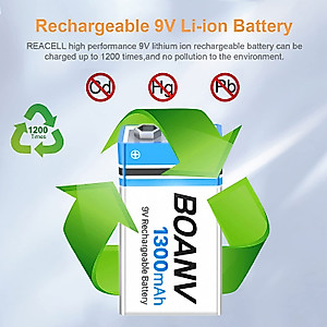 BOANV 4PCS 1300mAh 9V Rechargeable Batteries, 9V Rechargeable USB Lithium Long Lasting Battery, with 2 in 1 Charging Cable, for Smoke Detectors, Alarms, Keypad, Microphone