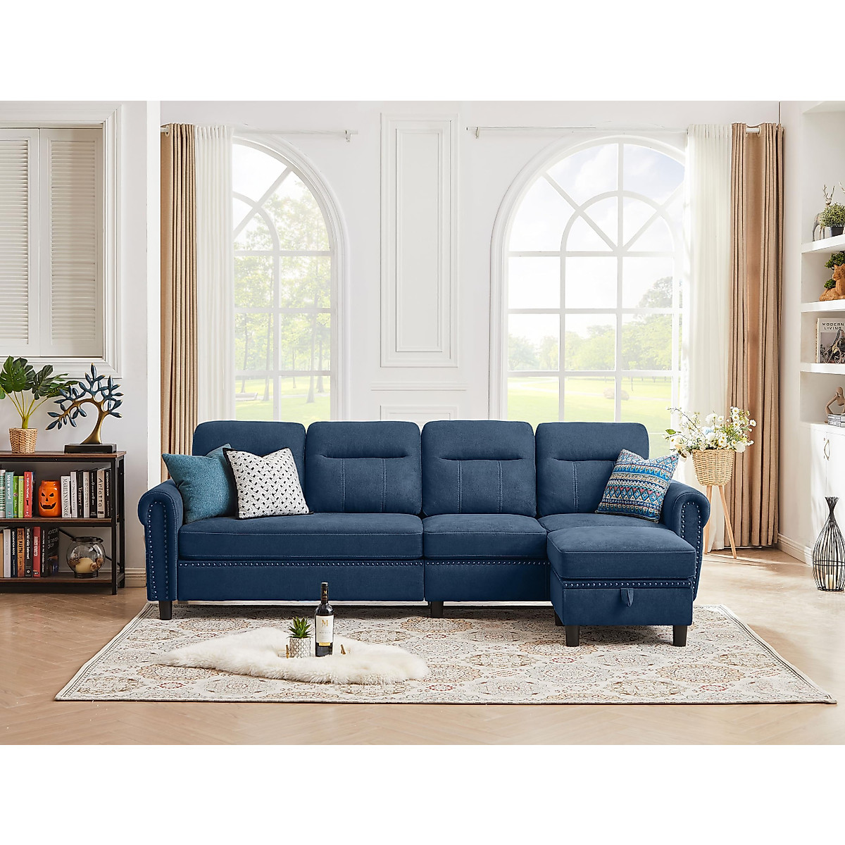 Jarenie 107" Convertible Sectional Sofa, 4-Seat L Shaped Couch with Storage Chaise and Side Pocket, Modern Linen Fabric Sectional Couches for Living Room, Dark Blue