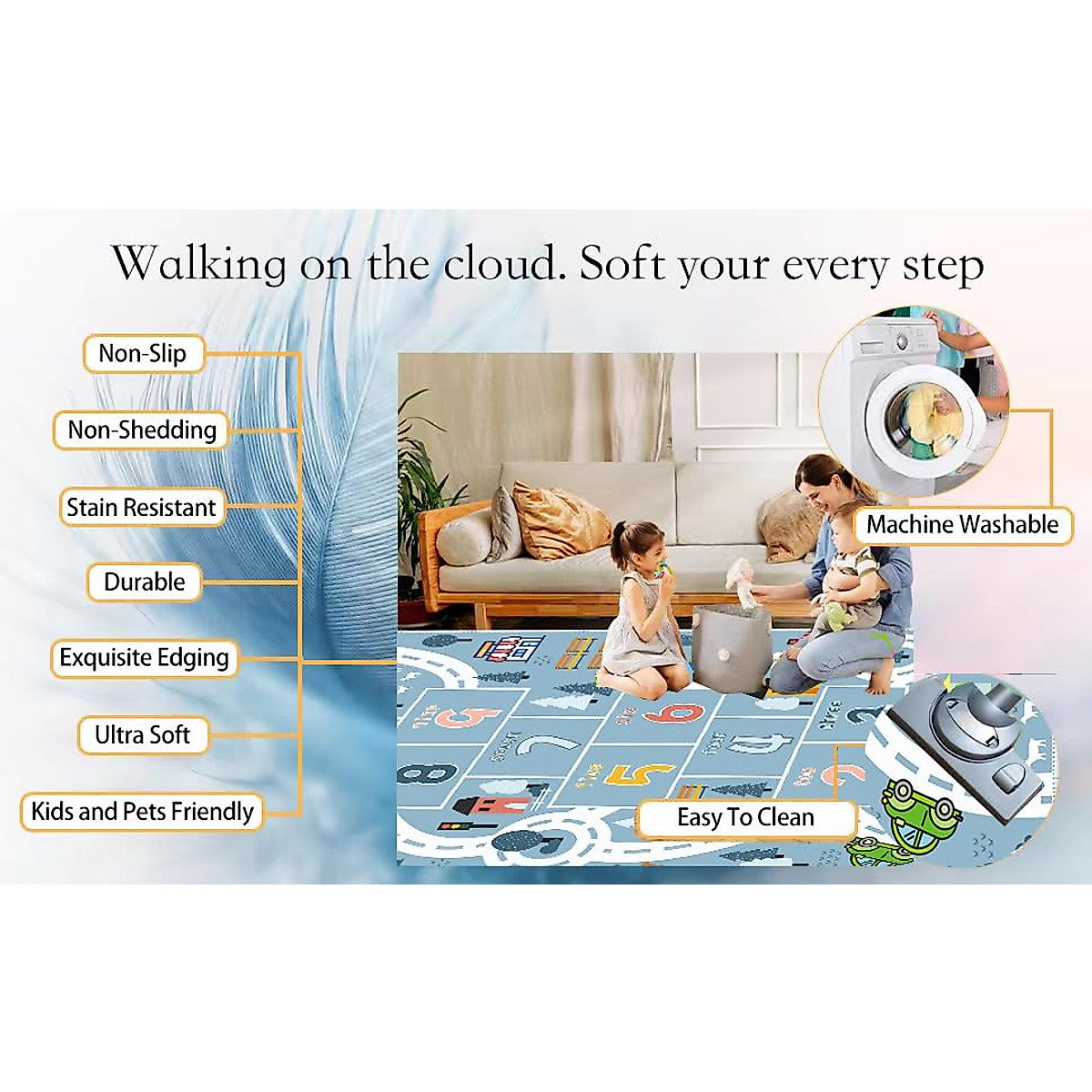 LGQLJPLQQ Hopscotch Rugs for Kids, Kid Rug for Bedroom,Road Rug, Playroom Rug for Kids Toy Cars, Nursery Rug for Teaching Toddler(Blue, 6' x 9')