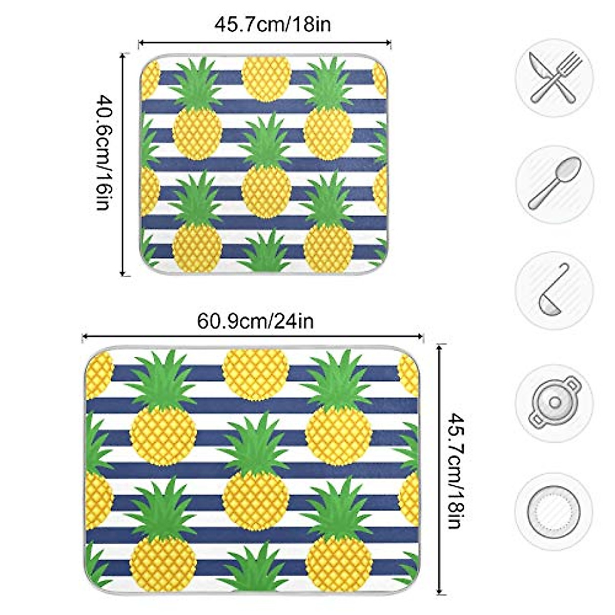 Striped Pineapple Pattern Dish Drying Mat 24"x18" Absorbent Machine Washable Hanging Fast Dry Pad Dish Protective Mat for Kitchen Countertop Heat Resistant Dinner Table Mat