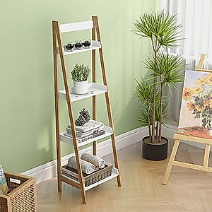 Heliosphere 4-Tier Ladder Bookcase with Solid Bamboo Frame, Versatile Wood Oxford “A” Frame Ladder Display Bookcase with 4 Open Shelves, Display Bookshelf for Home Office Living Room (White2)
