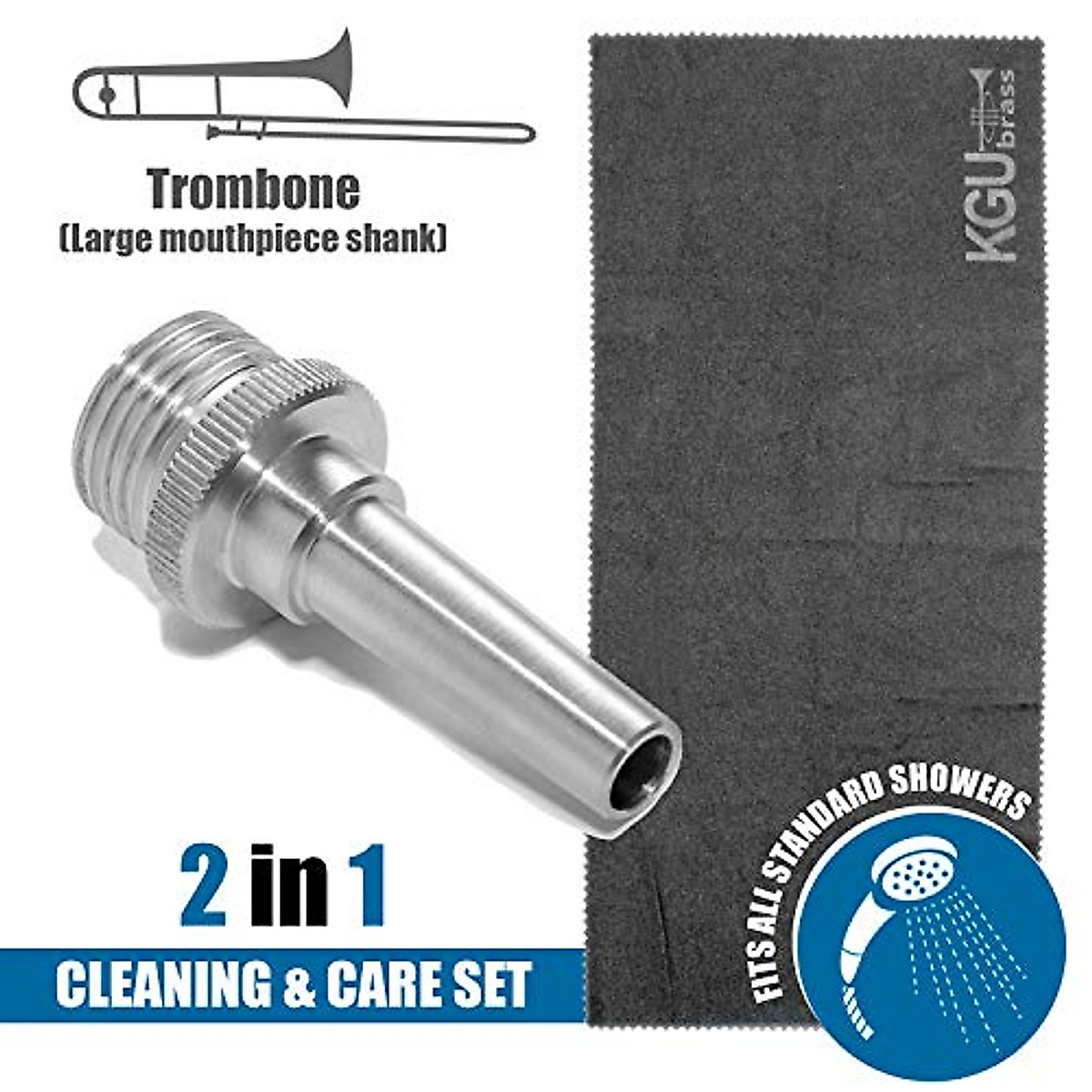 Cleaning kit 2 in 1 for trombones, euphoniums, bass-trombones, marching baritone horns, with large shank mouthpiece, safe and easy to use.