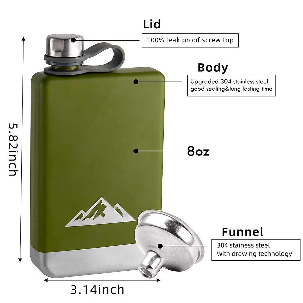 KWANITHINK Flask for Liquor for Men, 8oz Stainless Steel Hip Flask with Funnel, Whiskey Flask with Integrated Steel Cap for Outdoor Camping Hiking Climbing, Father's Day Gift for Men (Green)