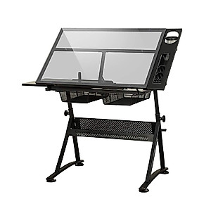 VejiA Drafting Table with Storage, Height Adjustable Tiltable Art Desk, Glass Panel Drawing Desk, for Work Study Painting Craft Table