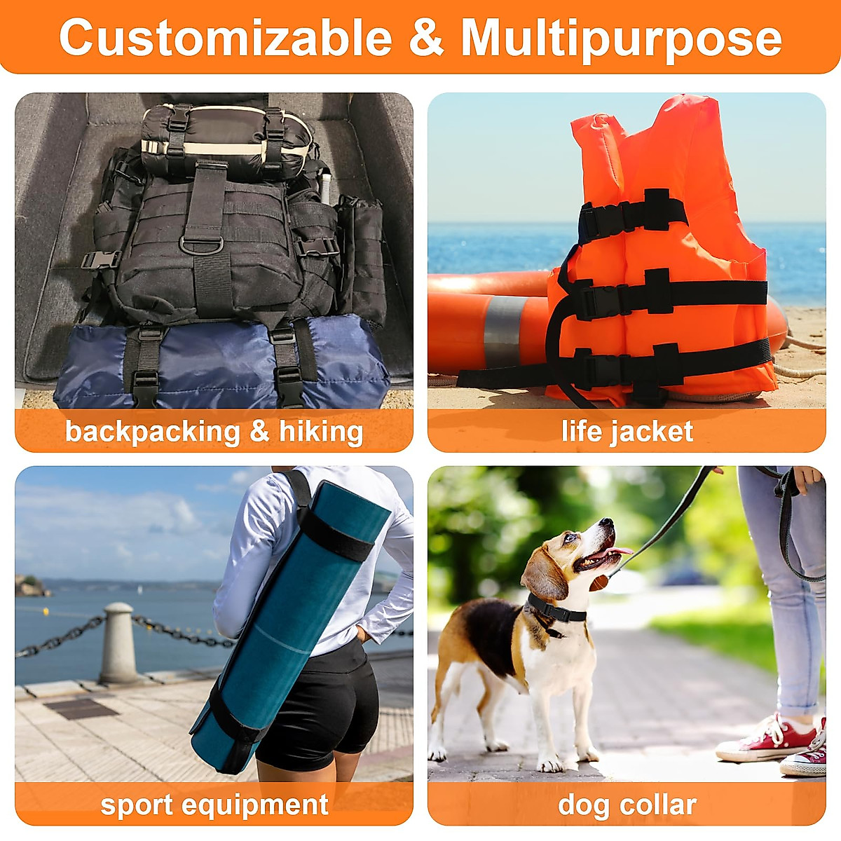 Buckles Strap 1 Inch: Nylon Webbing Straps 6 Yards, Quick Side Release Plastic Buckle Dual Adjustable 6 Pack, Tri-Glide Slide Clip 12 PCS, Metal D Rings 6 PCS, Heavy Duty, Black