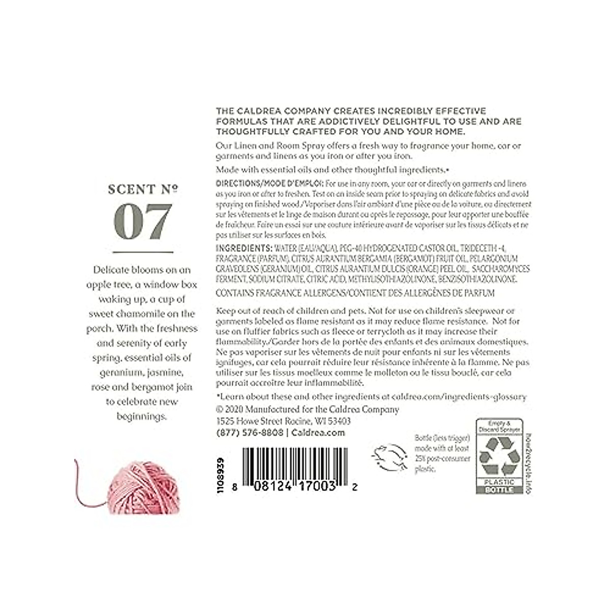 Caldrea Linen and Room Spray Air Freshener, Made with Essential Oils, Plant Derived Ingredients, Sweet Pea Scent, 16 oz