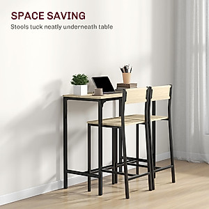 HOMCOM 3 Piece Bar Table and Chairs, Industrial Dining Table Set for 2, Counter Height Kitchen Table with Bar Stools, Breakfast Table Set for 2 for Small Space, Oak