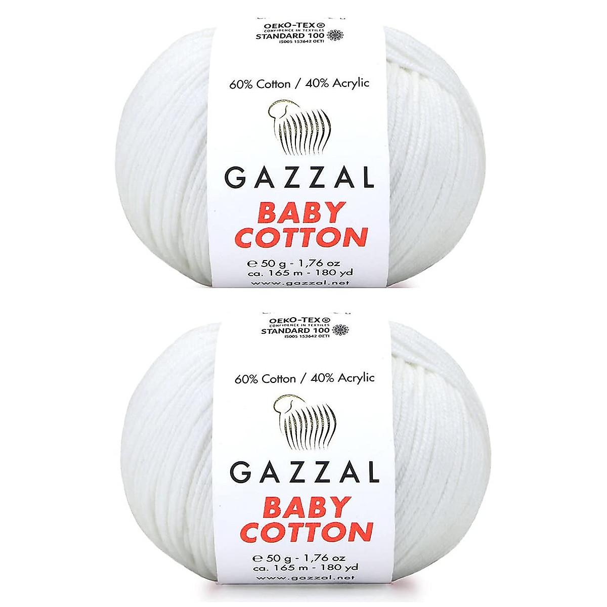 Gazzal Baby Cotton Yarn,60% Cotton 40% Acrylic 2 Ball (Skein) Each 1.76 Oz (50g) / 150 Yrds (165m) Soft, 2 - Fine Baby Yarn (3410 White)