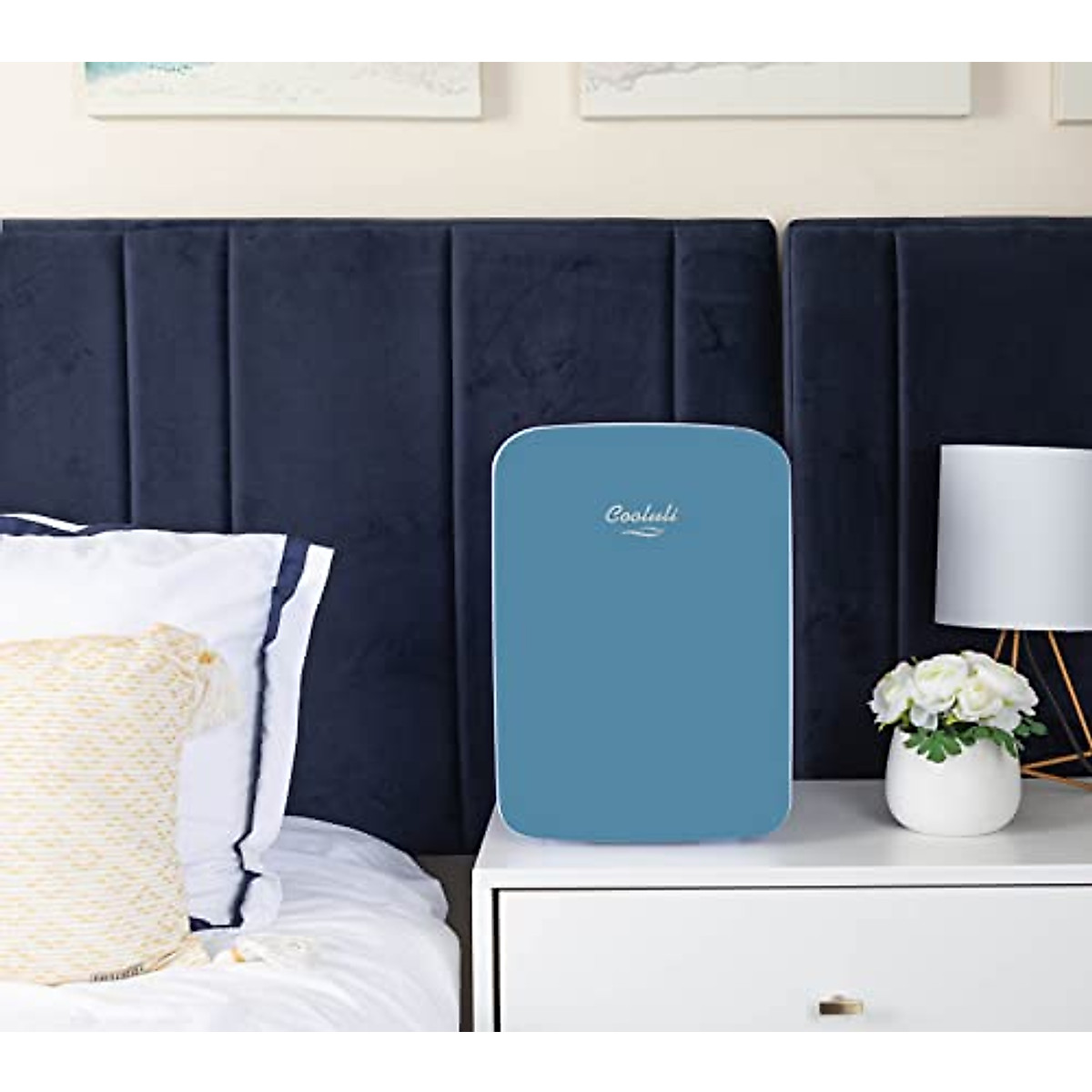 Cooluli 15L Mini Fridge for Bedroom - Car, Office Desk & College Dorm Room - 12v Portable Cooler & Warmer for Food, Drinks, Skincare, Beauty & Makeup - AC/DC Small Refrigerator with Glass Front, Blue