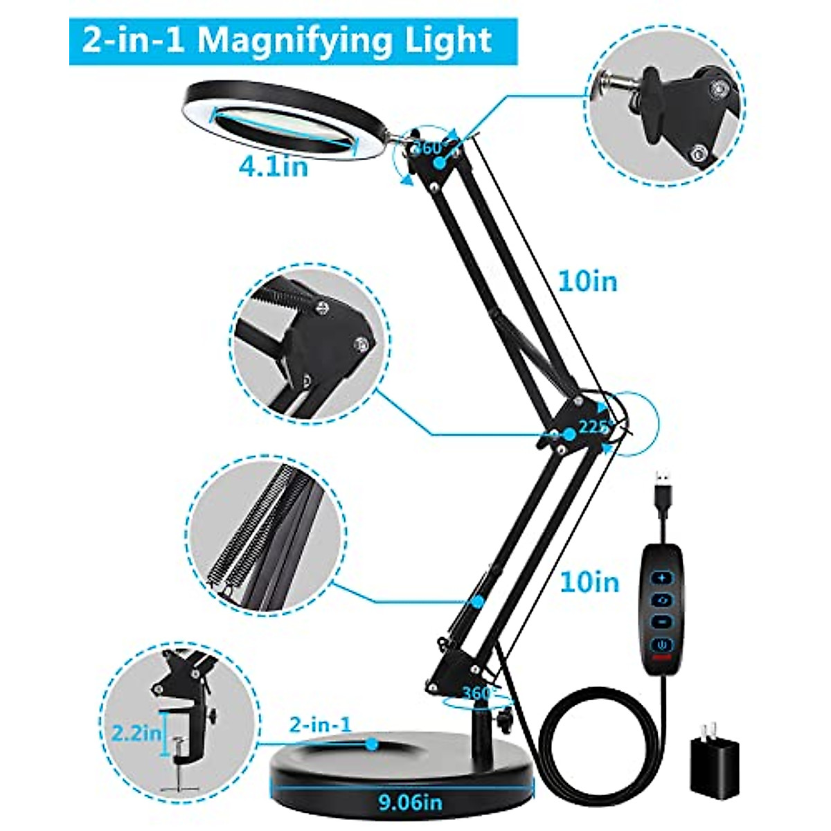 10X Desk Magnifying Glass with Light, NUEYiO 2-in-1 Heavy Duty Base&Clamp Magnifying lamp, 4.1'' Real Glass Len, 3 Color Stepless Dimmable LED Lighted Magnifier Glass for Soldering Crafts Sewing