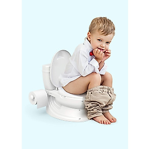 Potty Training Toilet Seat | Toddler Potty Training with Comfy Seat Cover, Tank Storage & Paper Roll Holder | Easy to Empty and Clean | Soft & Comfortable Potty Trainer for Boys & Girls (White)