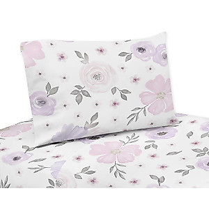 Sweet JoJo Designs Lavender Purple, Pink, Grey and White Twin Sheet Set for Watercolor Floral Collection - 3 Piece Set - Rose Flower