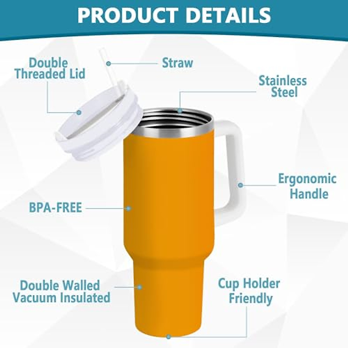 Gradient Orange Insulated Tumbler with Handle and Straw Water Cup 40 Oz Stainless Steel Water Bottles