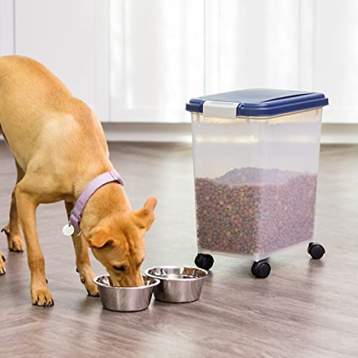 IRIS USA 25 Lbs / 33 Qt WeatherPro Airtight Pet Food Storage Container with Attachable Casters, For Dog Cat Bird and Other Pet Food Storage Bin, Keep Fresh, Translucent Body, Easy Mobility, Navy