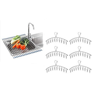 Seropy Roll Up Dish Drying Rack Over The Sink Dish Drainer for Kitchen Sink 17.5 x 15.7 Inch and Clothes Drying Racks for Laundry Foldable 10 Clips 6 Pack Sock Hanger