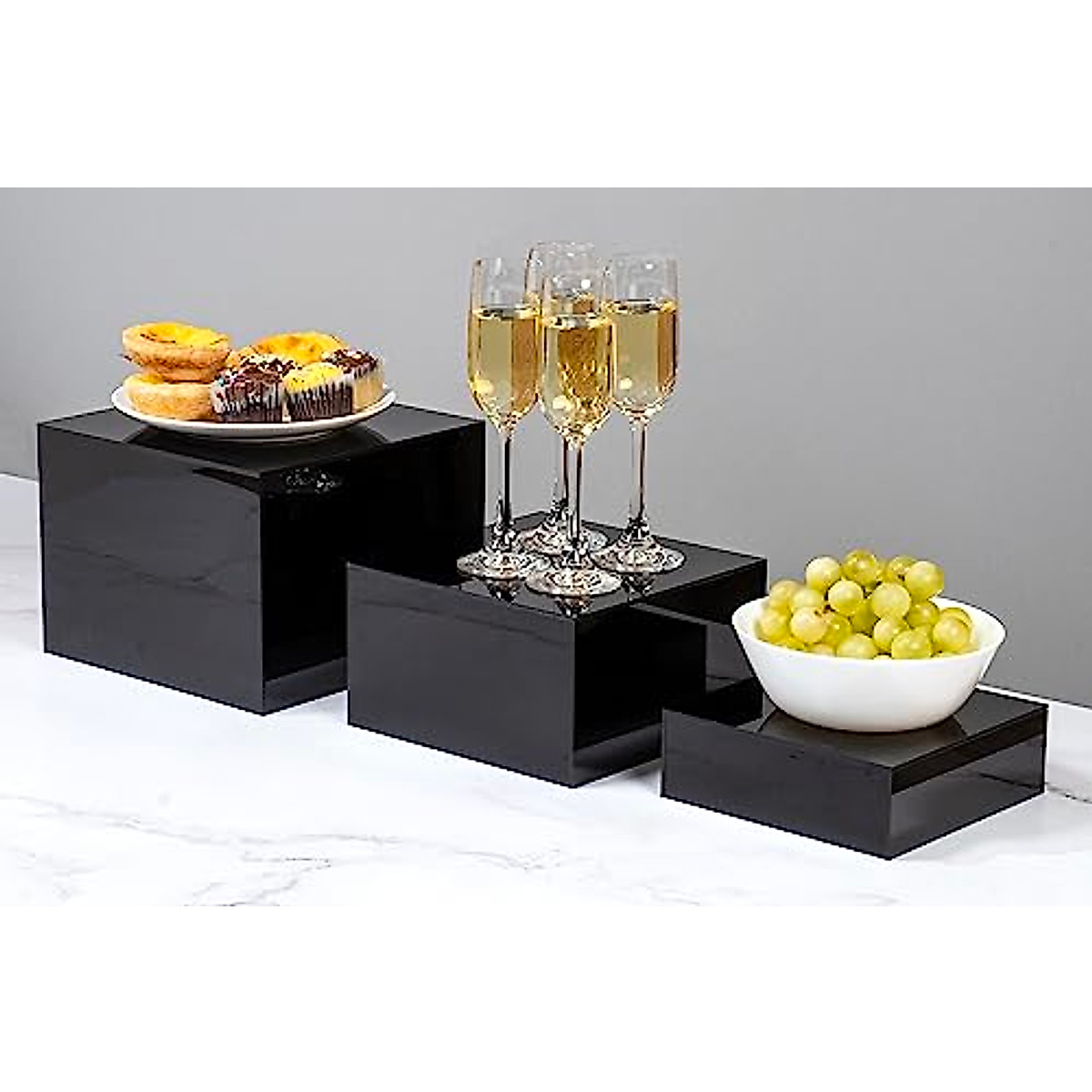 Set of 3 Glossy Black Acrylic Cube Display Nesting Risers with Hollow Bottoms