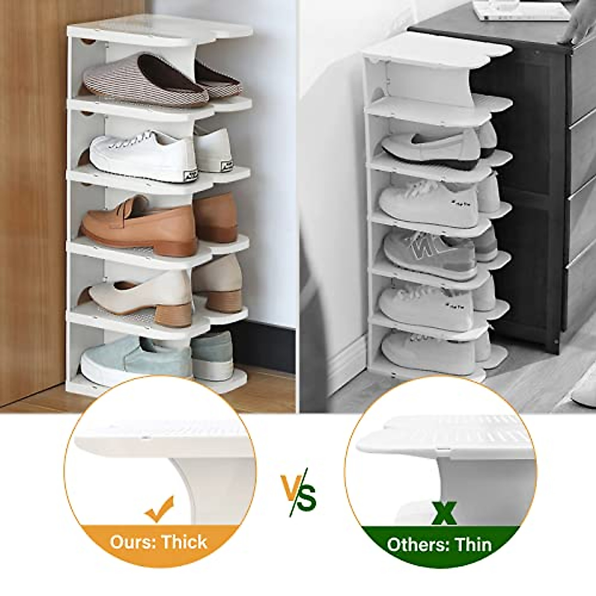 TXALWIQ 6-Tier Narrow Shoe Organizer, Adjustable Cubby Shoe Rack for Closet, Free Standing Shoe Slot Tower for Entrance, Stackable Space-Saving Shoe Storage Shelf for Entryway, White