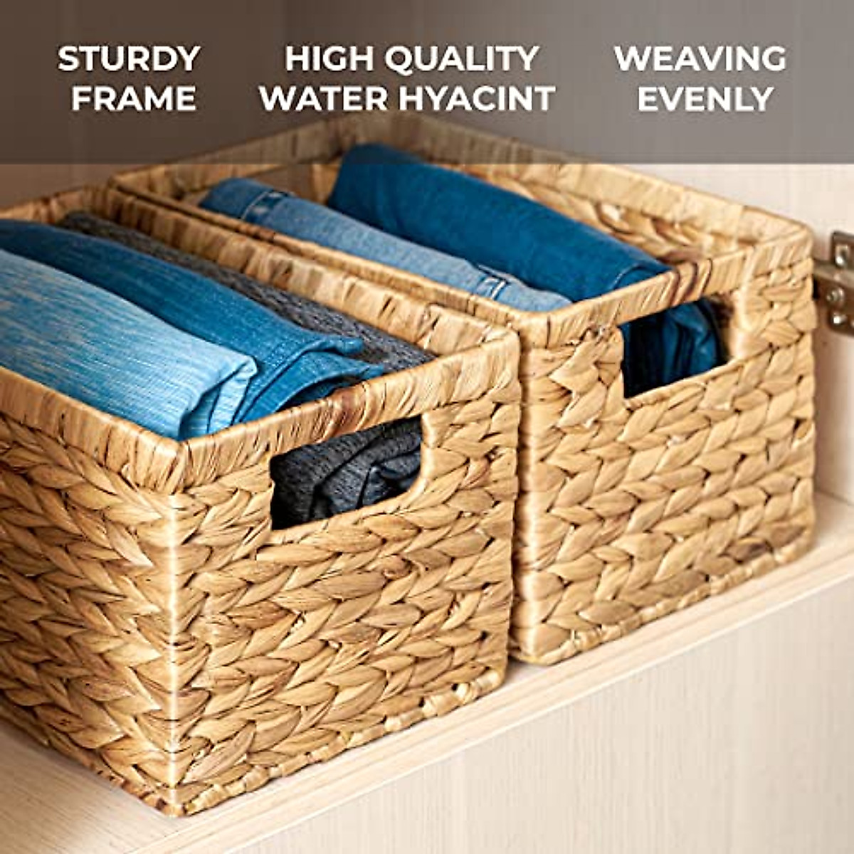 BARIEN Set of 6 Natural Water Hyacinth Storage Baskets 12.6” x 8” x 7”, Rectangular Wicker Basket with Built-in Handles, Medium (Natural - Set of 6)