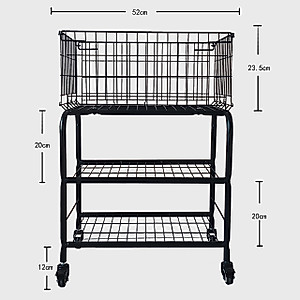 HENNZE Rolling Laundry Basket on Wheels,3 Tiers- Garment Storage Cart,Easy Moved Basket for Organizer,Black Metal Basket with Wheels, Garment Metal Rack for Clothes Wash and Dry Sort（Black