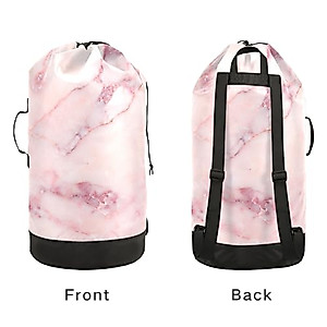 Washable Laundry Bag Backpack Large Dirty Clothes Bag with Adjustable Shoulder Strap Handles, Pink Marble Pattern Extra Laundry Heavy Duty Drawstring Bag for Travel College Grey Camping