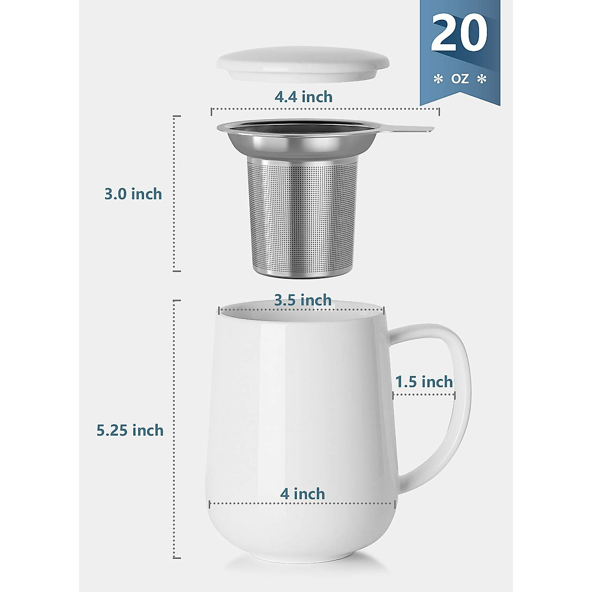 Sweese 20 OZ Porcelain Tea Mug with Infuser and Lid, Loose Leaf Tea Cup, Gifts for Tea Lover - White