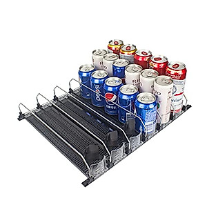 CNDSE Soda Can Organizer for Refrigerator,Spring Loaded Fridge Drink Organizer,Width-adjustable Push Rod Slide Rail Drink Dispenser for Refrigerator,Black (14.9in-6)