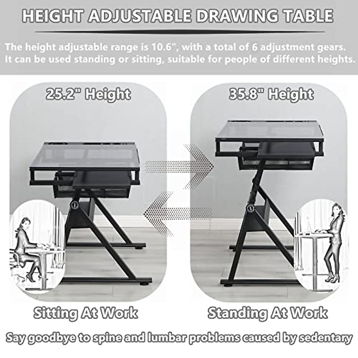 Gynsseh Glass Drafting Table Drawing Table with Stool and Storage, Height Adjustable Art Table for Adults/Artists, Tiltable Tabletop Art Desk Painting Table for Reading Writing Drawing