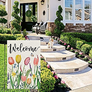 CROWNED BEAUTY Spring Garden Flag Floral 12x18 Inch Double Sided for Outside Tulips Welcome Burlap Small Yard Holiday Decoration CF743-12