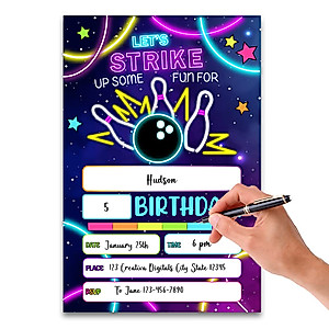 FujLoy Bowling Birthday Invitation, Bowling Birthday party Invitation Cards, Rainbow Neon Glow Bowling Invite.（052）