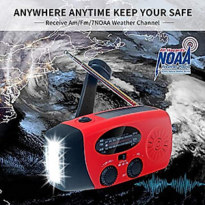 Upgraded Emergency Solar Hand Crank Radio with LED Flashlight, Portable Am Fm NOAA Weather Radio, 2000mAh Solar Power Bank Cell Phone Charger for Home and Outdoor（Red）