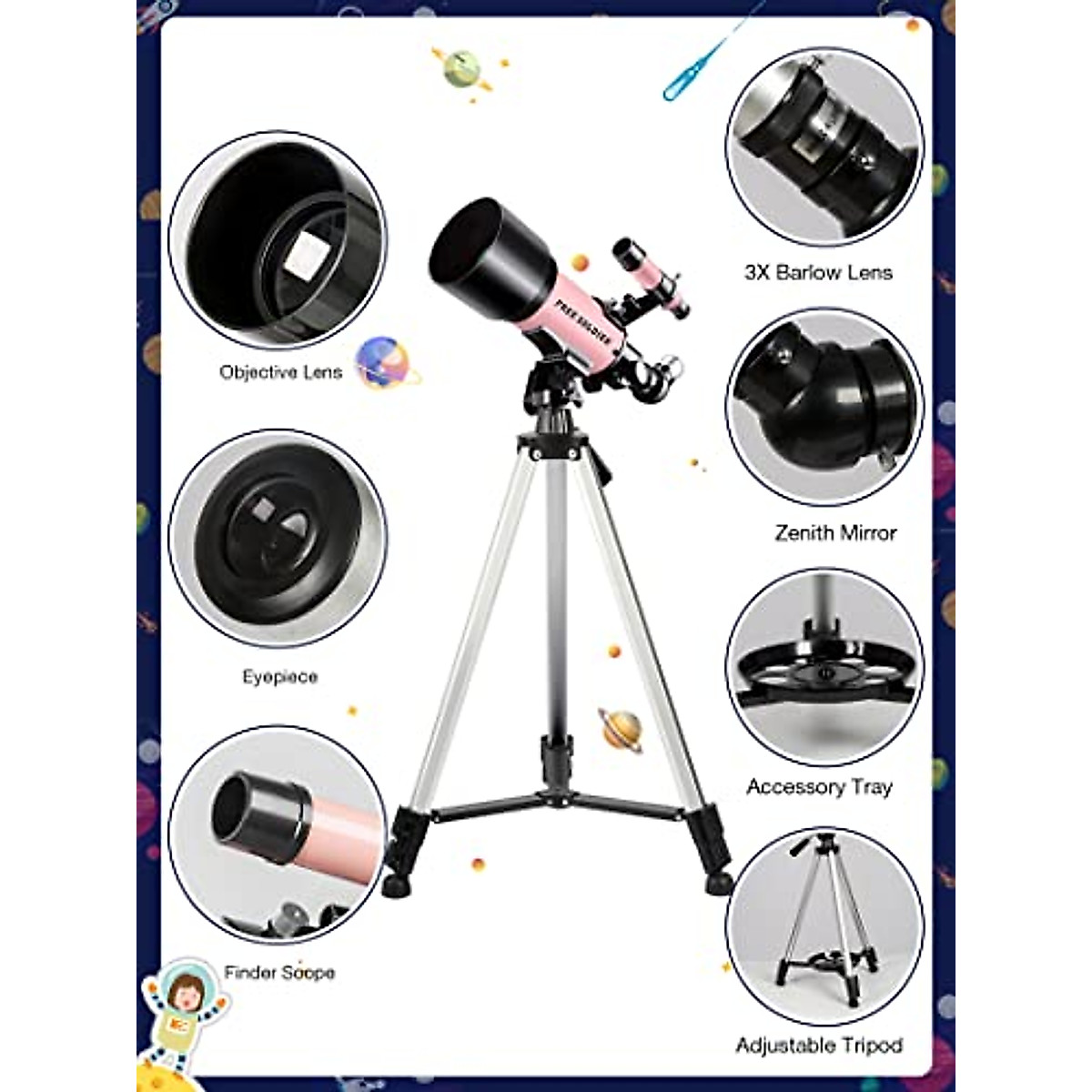 Telescope for Kids Girls Astronomy Beginners - 70mm Aperture and 400mm Focal Length Professional Refractor Telescope for Adults Great Christmas Astronomy Gift for Kids with Gift Package, Pink