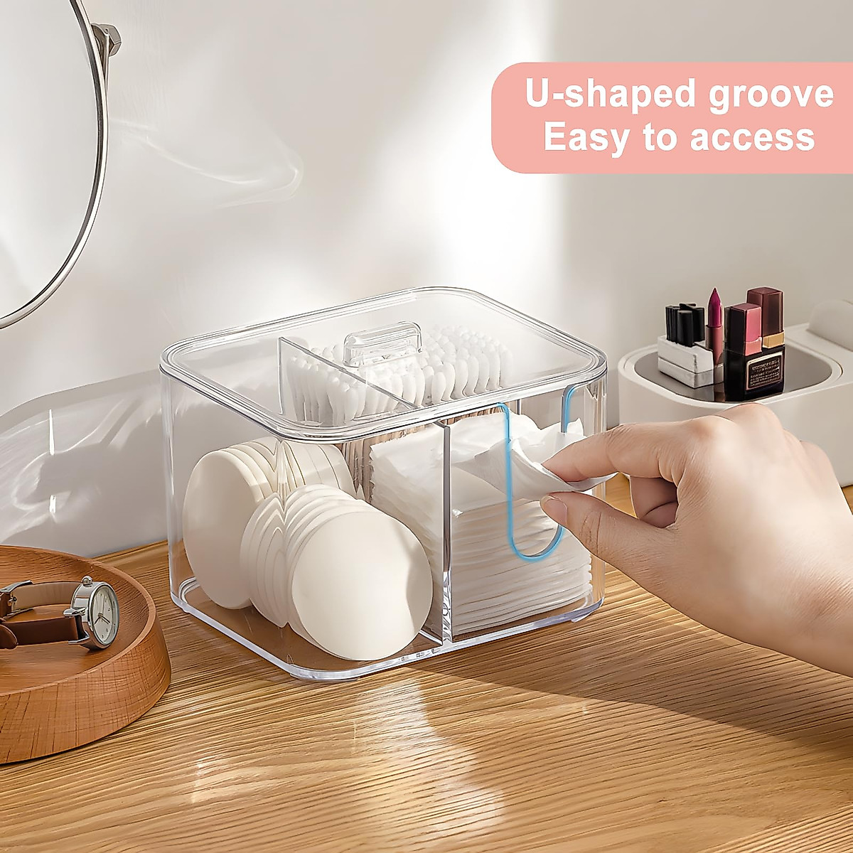 Qtip Holder, Cosmetic Items Storage Dispenser, 4 Compartments Bathroom Canisters for Cotton Swab, Cotton Ball, Cotton Pad Organizer, Clear Acrylic Containers with Lid for Bathroom Vanity Countertop