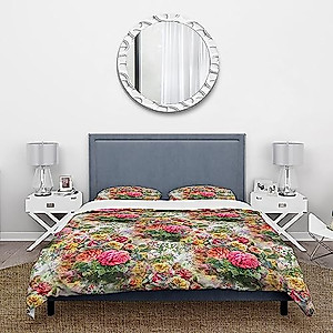 DESIGN ART Designart 'Red Yellow and Pink Flowers with Green Leaves' Traditional Duvet Cover Set Twin