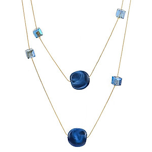 COOLSTEELANDBEYOND Elegant Gold Statement Necklace Two-Strand Long Chain with Blue Cube Crystal Beads and Circle Charms