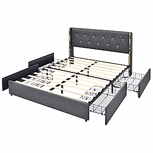 Giantex Upholstered Bed Frame with 4 Drawers, Queen Size Linen Bed Frame, Heavy-Duty Noise-Free Bed Frame, Easy Assembly, No Box Spring, Grey