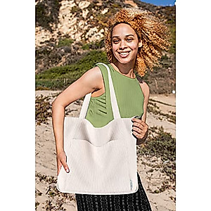 Prite Corduroy Tote Bag for Women Large Shoulder Bag with Zipper and Pockets for College School Work Travel Shopping (Beige)