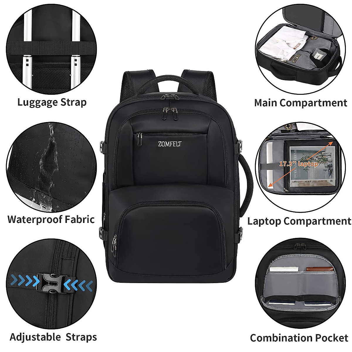 ZOMFELT Carry On Backpack, 45L Travel Backpacks for Men with 3 Packing Cubes, 17.3 Inch Laptop Backpack Flight Approved Carry On Bag for Travel, Water Resistant Expandable Business Weekender Bag