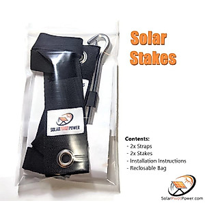 Solar Stakes - Anchor Portable Solar Panels with Seamless Add-on, Heavy Duty Strap with Hook/Loop and Elastic, 7" Aluminum Stake, Prevents Wind Tipping