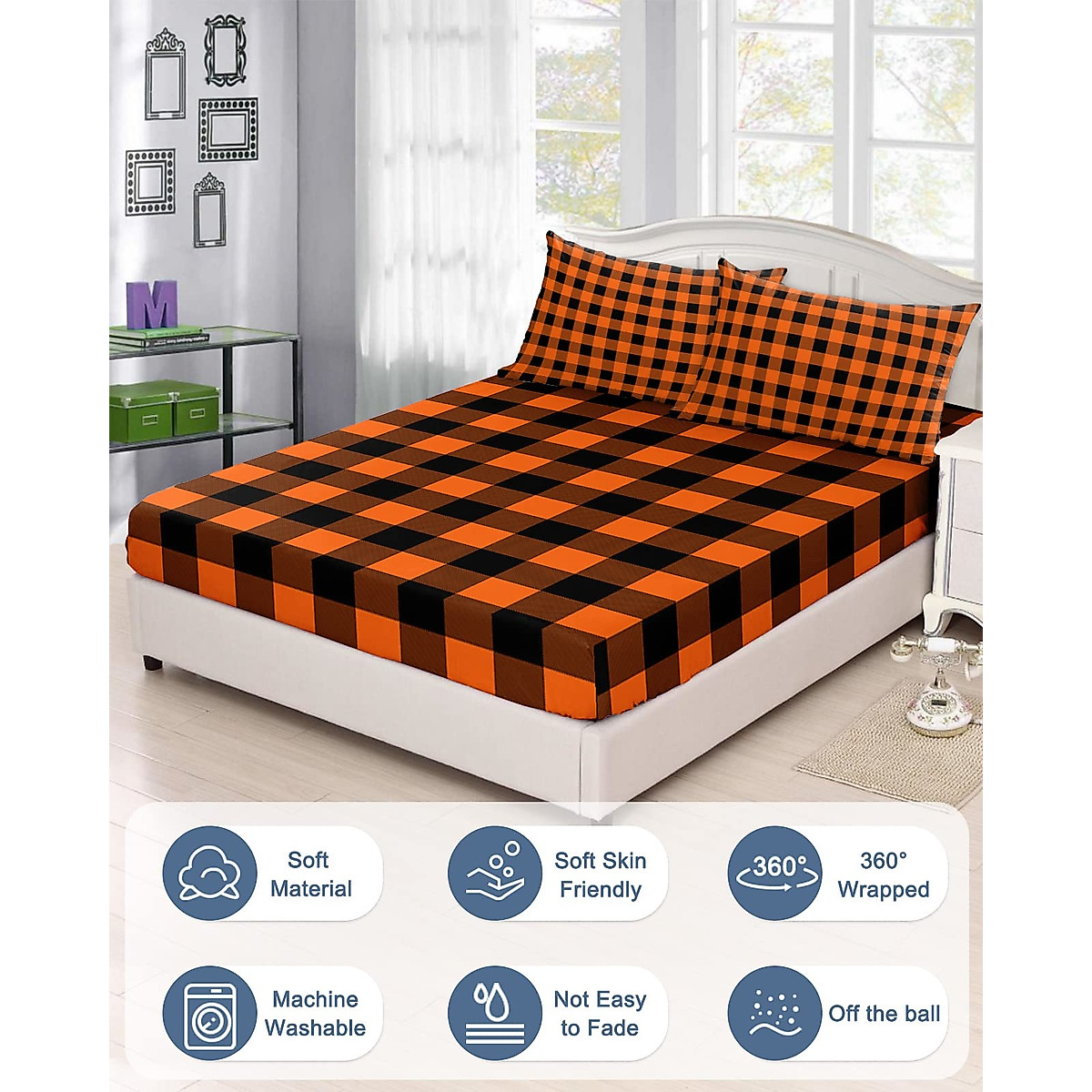 Farmhouse Orange Black Buffalo Plaid Fitted Bed Sheets Full Size Fit 5-16inch Deep Pockets,Luxury Bottom Sheet Bedding Set with Pillow Case,Gingham Lattice Fitted Sheet for Mattress