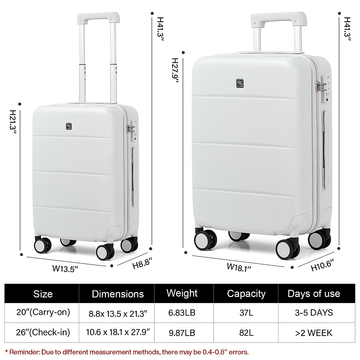 Hanke Hard Shell Luggage Sets 2 piece Large Suitcase Traveler's Choice Tsa Luggage Hard Shell Suitcases Checked Luggage With Spinner Wheels 20/26 inch(Smoke White)